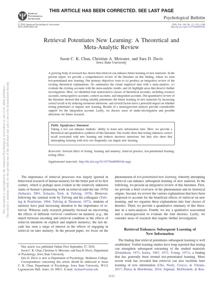 Retrieval Potentiates New Learning: A Theoretical and Meta-Analytic ...