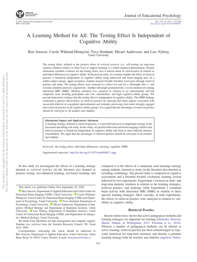 A Learning Method For All: The Testing Effect Is Independent of ...