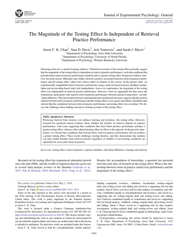 The Magnitude of The Testing Effect Is Independent of Retrieval ...