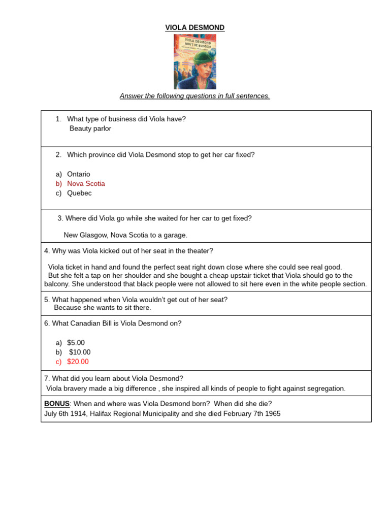 READING - Viola Desmond Questions To Answers | PDF