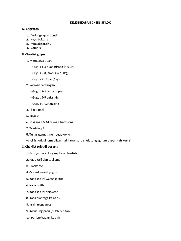 Checklist Perlengkapan LDK Lengkap | PDF