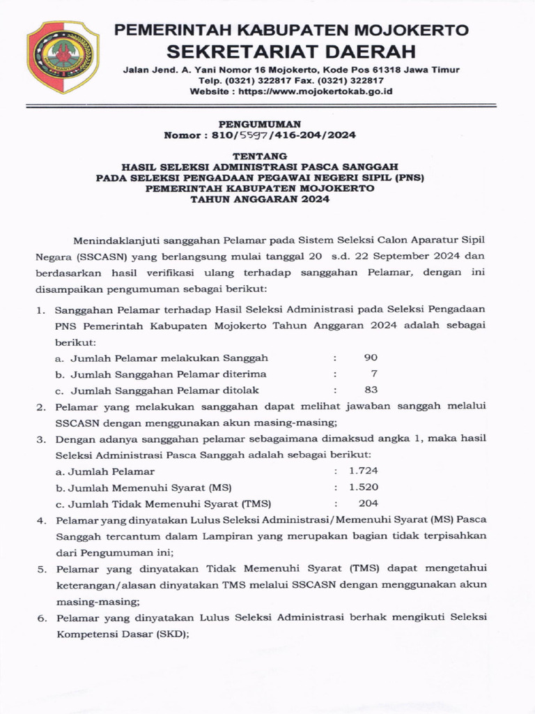 Pengumuman Hasil Seleksi Administrasi Pasca Sanggah Pada Seleksi Pengadaan Pns Ta 2024 20240927 ...