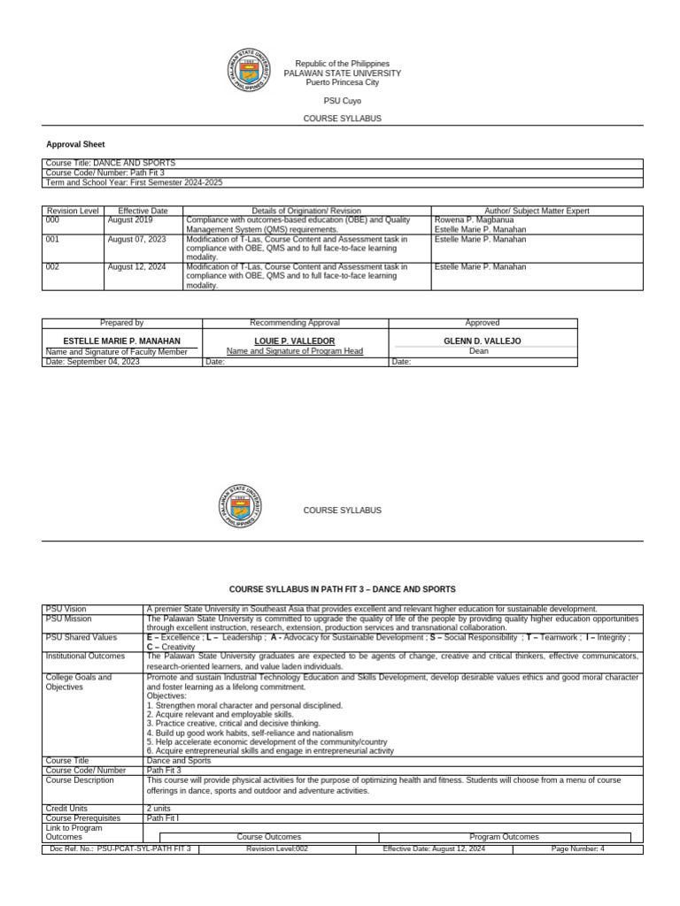Path Fit 3 Syllabus: Dance and Sports | PDF | Learning | Physical Fitness