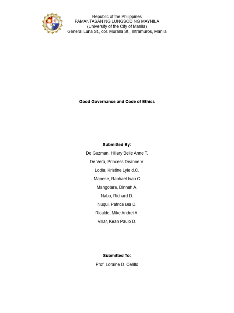 Group 2 - Written Report On Good Governance and Code of Ethics | PDF ...
