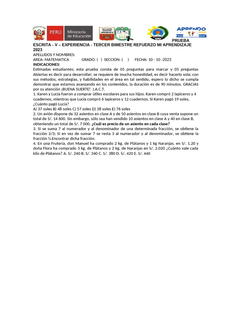 Prueba Escrita | PDF | Matemáticas