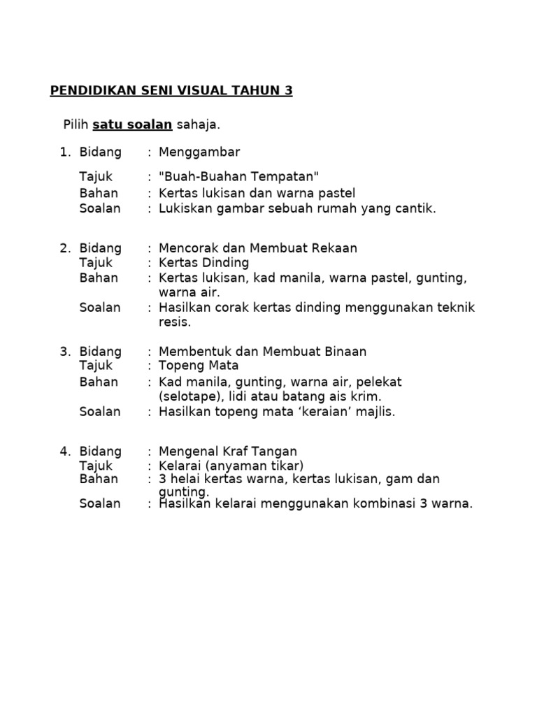 Aktiviti Pendidikan Seni Visual Tahun 3 | PDF | Game & Aktivitas ...