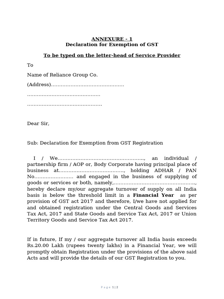 GST Exemption Declaration Template | PDF
