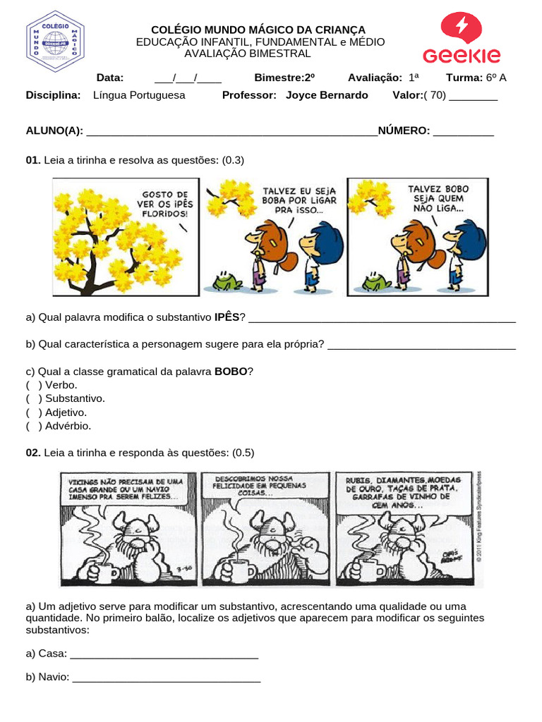 Prova de português 6 º ano | PDF | Adjetivo | Substantivo