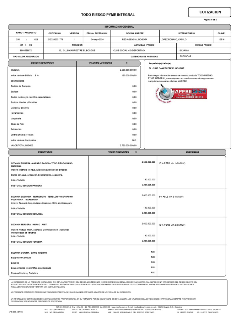 Cotizacion Pyme Estructura y Responsabilidad Civil Club El Bosque | PDF ...