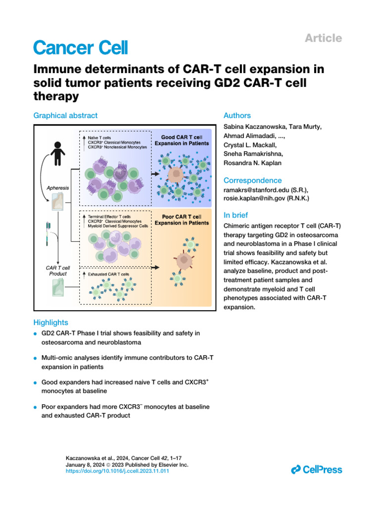 Immune determinants of CAR-T cell expansion in solid tumor patients receiving GD2 CAR-T cell ...