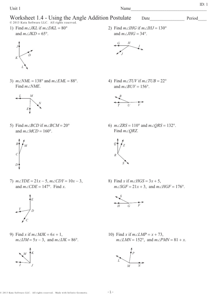 Angle Addition Postulate Worksheet | PDF