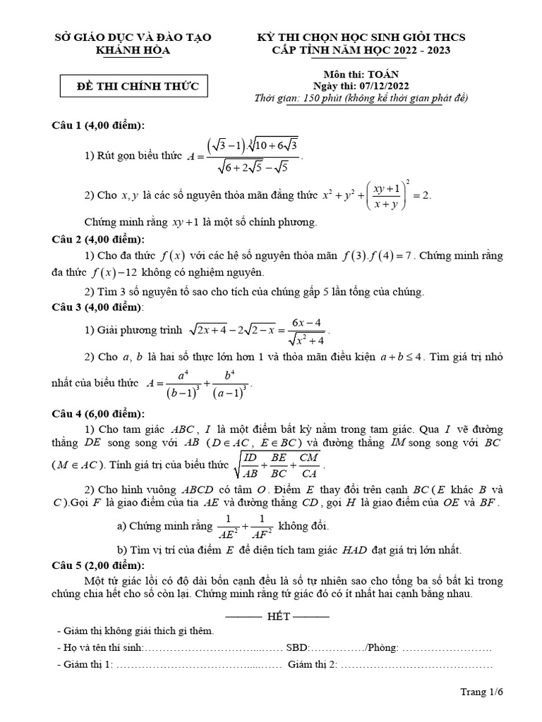 De Hoc Sinh Gioi Cap Tinh Toan Thcs Nam 2022 2023 So GDDT Khanh Hoa | PDF