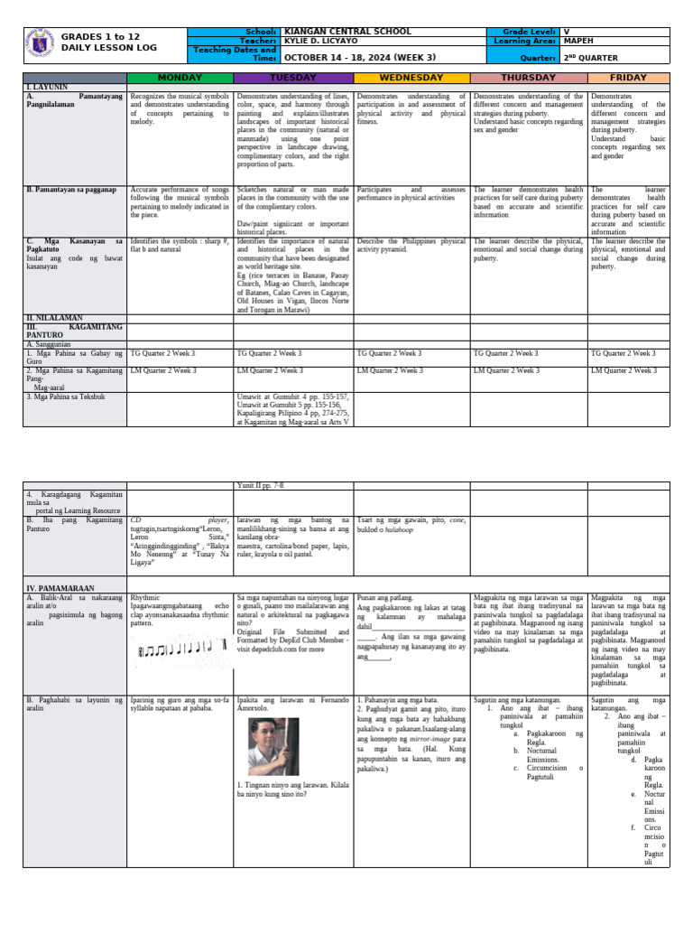 DLL - Mapeh 5 - Q2 - W3 | PDF