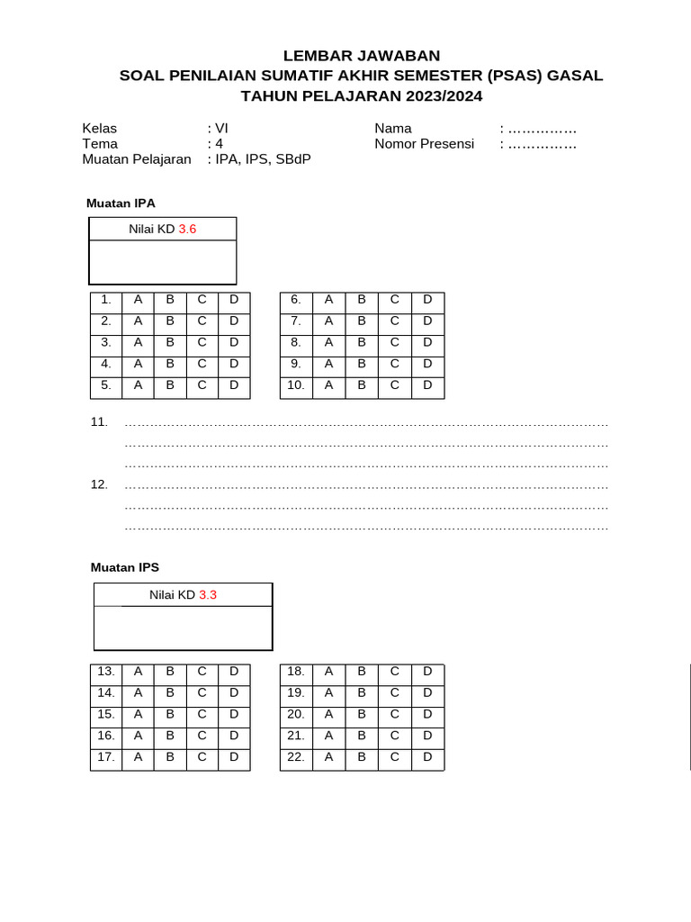 1187 - LEMBAR JAWAB PSAS KELAS VI TEMA 4 MUPEL IPA, IPS, SBDP | PDF
