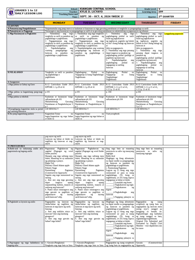 DLL - Epp 5 - Q2 - W1 | PDF