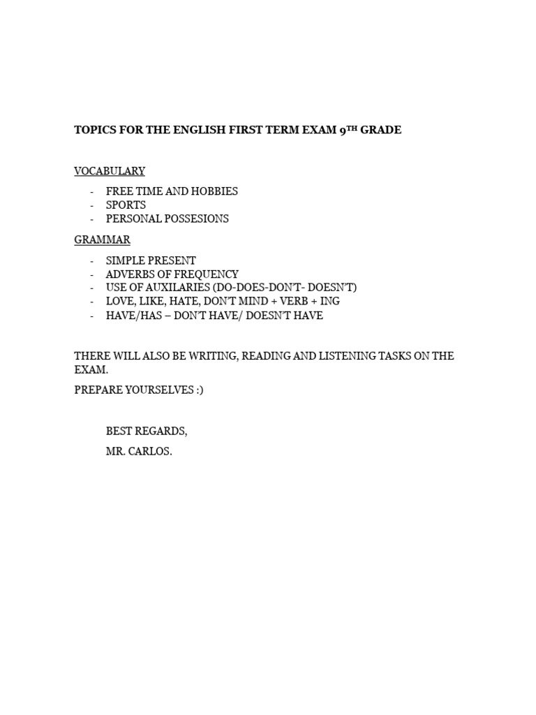 Topics For The English First Term Exam 9th Grade | PDF