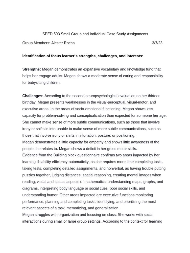 SPED503 Small Group Individual Megan Case Study Draft Assignment | PDF | Cognition | Cognitive ...