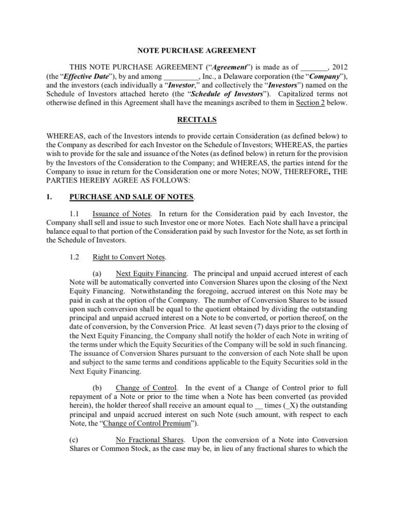 Note Purchase Agreement Template-With Cap | PDF | Stocks | Securities ...