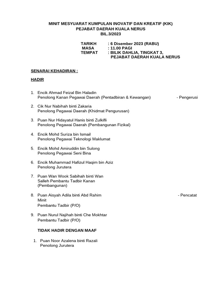 Minit Mesyuarat Kik Bil 1 Tahun 2023 | PDF