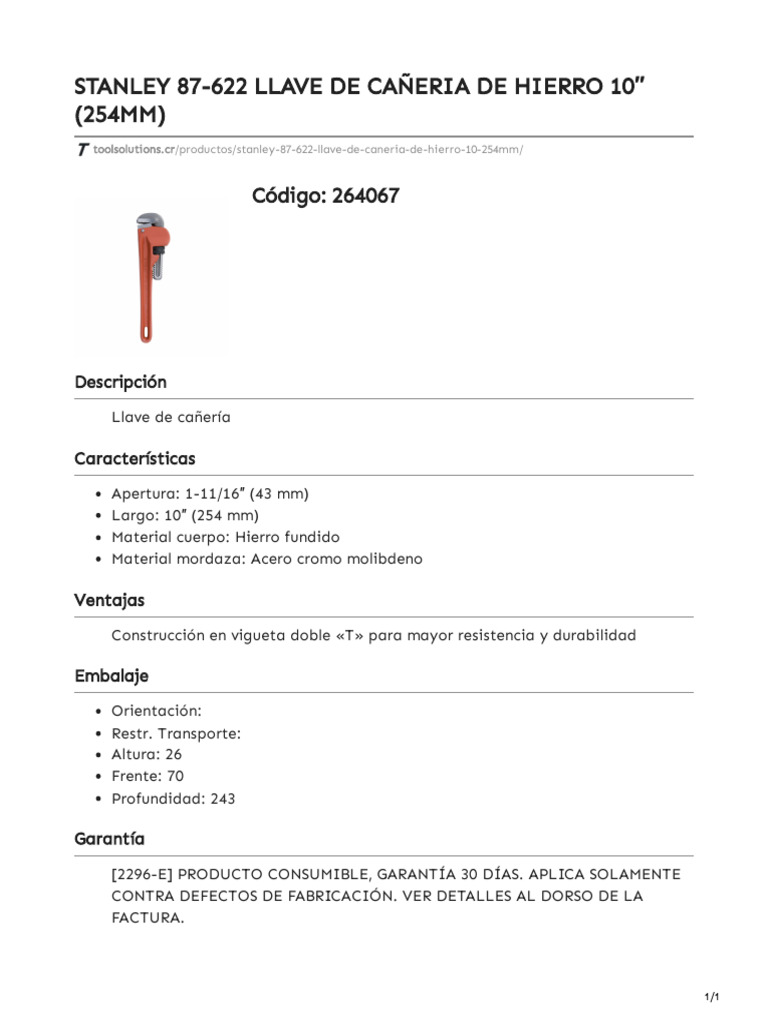 Llave de Cañeria de Hierro 10 254mm Toolsolutions - Cr-Stanley 87-622 ...