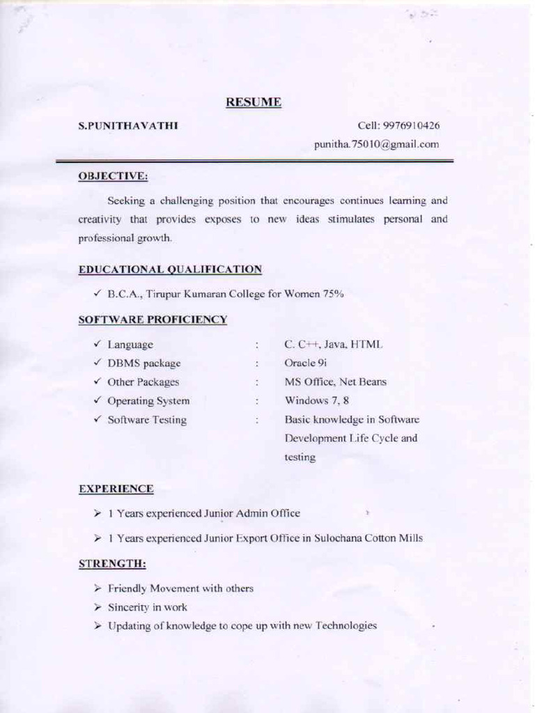 Punitha BCA Resume | PDF