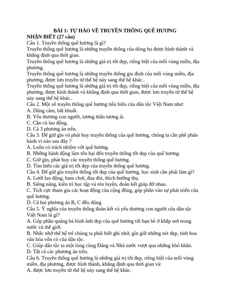 Bai 1 Tu Hao Ve Truyen Thong Que Huong 1 | PDF