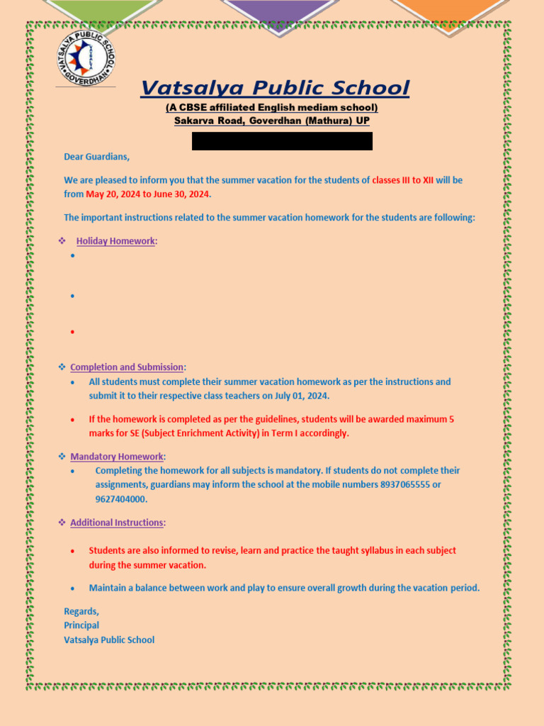 NOTICE of Summer Vacation Homework For The Classes III To VI | PDF