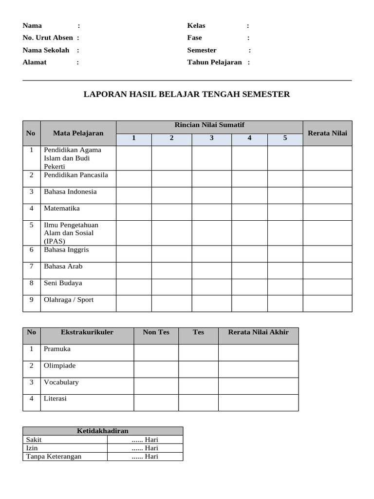 Rapor UTS Siswa Kelas IV | PDF