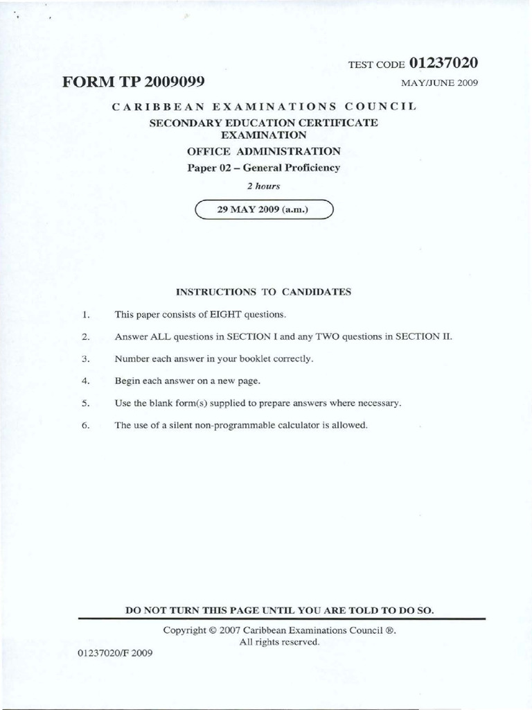 CSEC Office Administration P2 2009 | PDF | Cheque