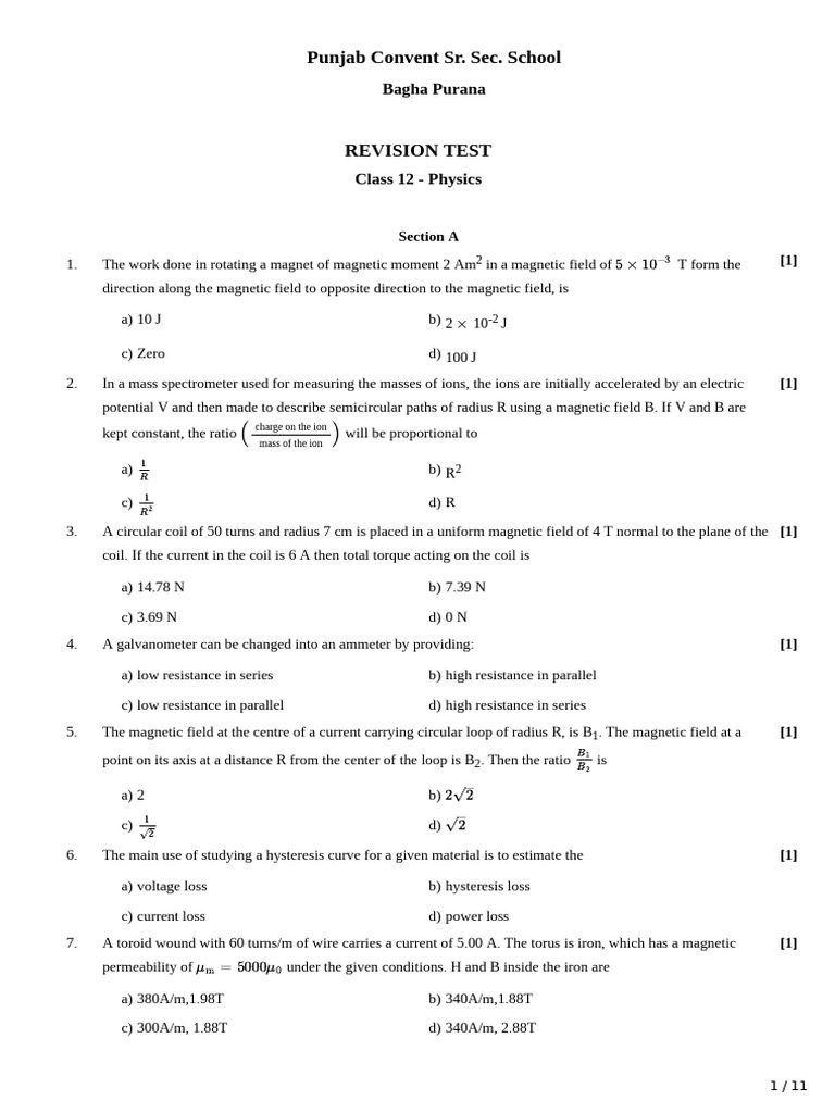 Class 12 Physics Revision Test | PDF | Inductor | Inductance