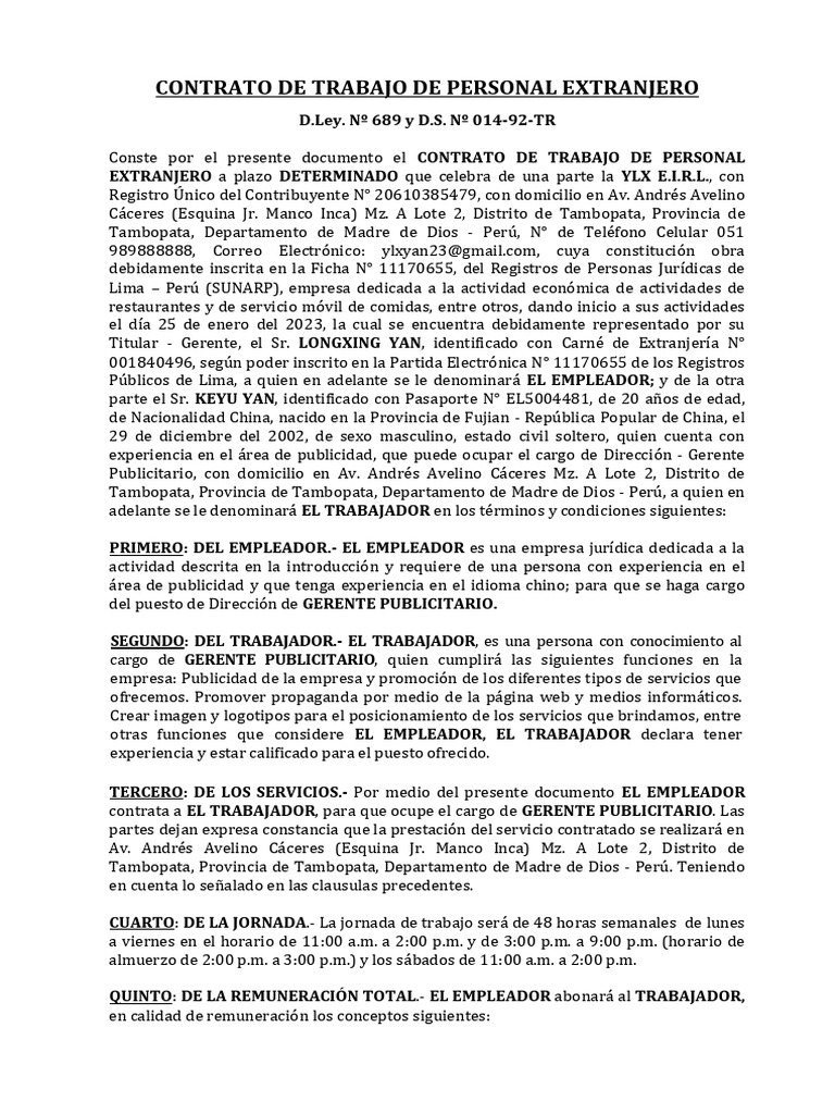 China Contrato de Trabajo Empresa Ylx E.I.R.L. - Keyu Yan | PDF | Perú | Derecho laboral