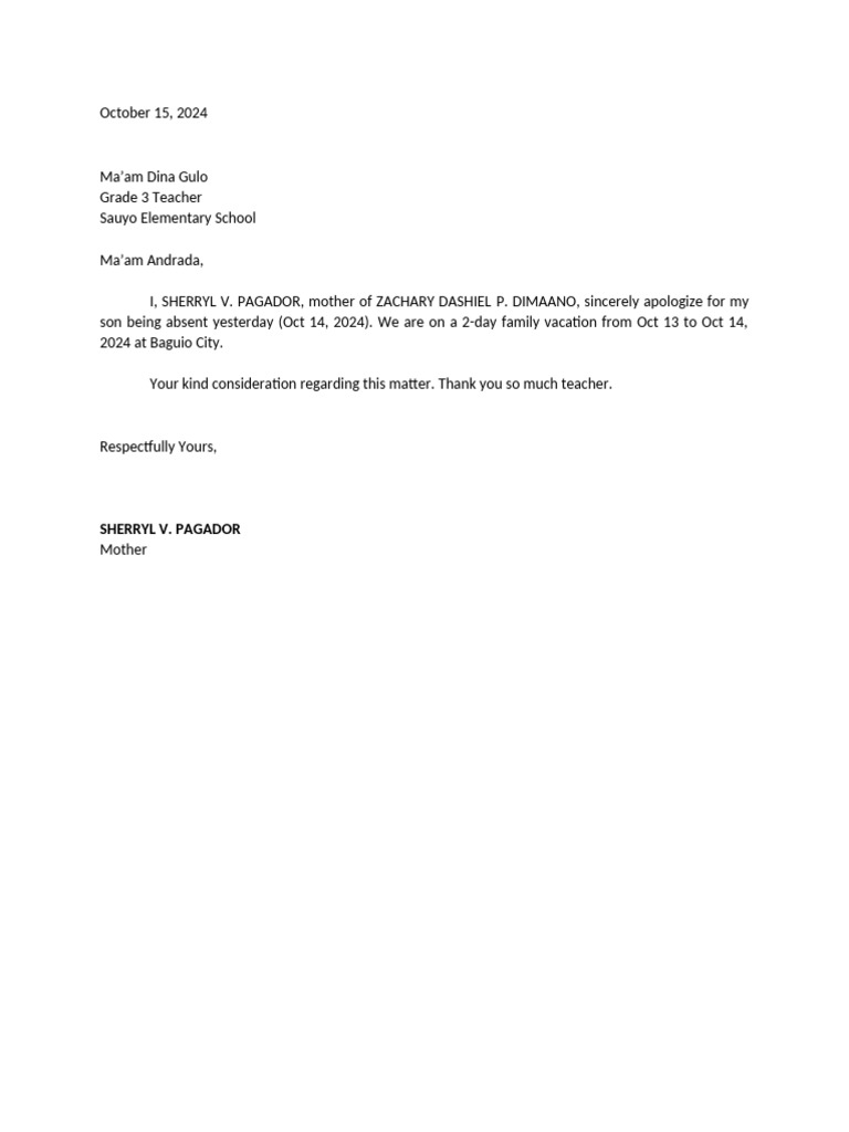 Kambal Excuse Letter Baguio | PDF