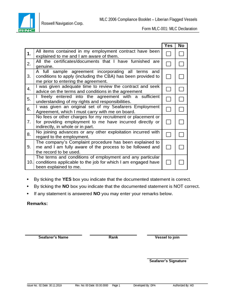 MLC 001 - MLC Declaration Form | PDF