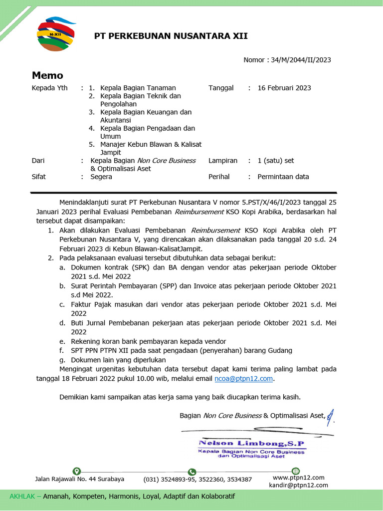 Memo Permintaan Data Ke Tanaman, TEKPOL, Kasi Dan DAUM | PDF