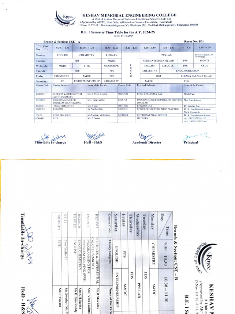 CSE I Semester Timetable 2024-25 | PDF | Science Education