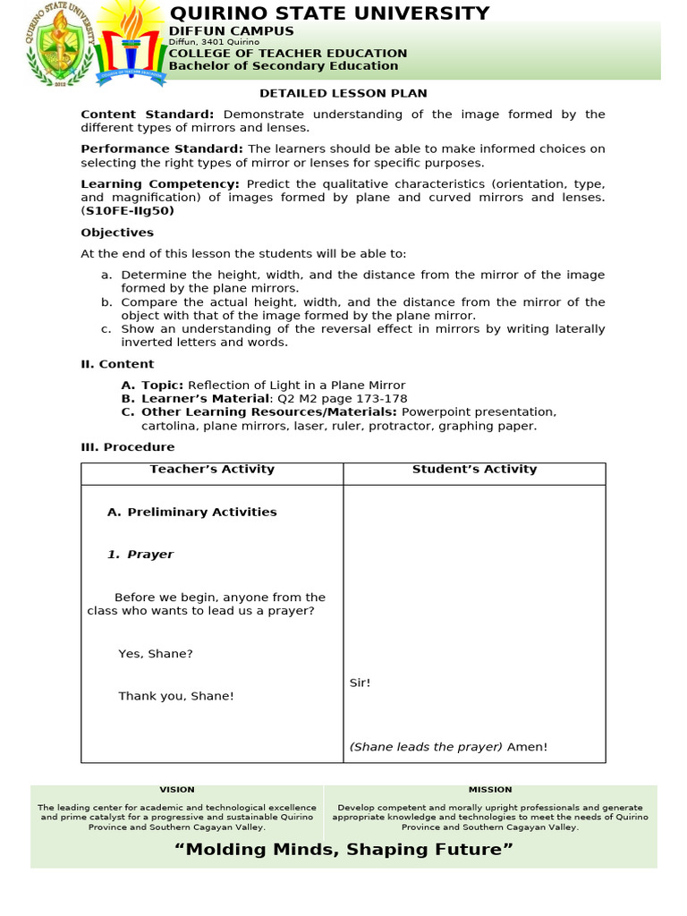 LessonPlan - G10 - Plane Mirror | PDF | Mirror | Electromagnetic Radiation
