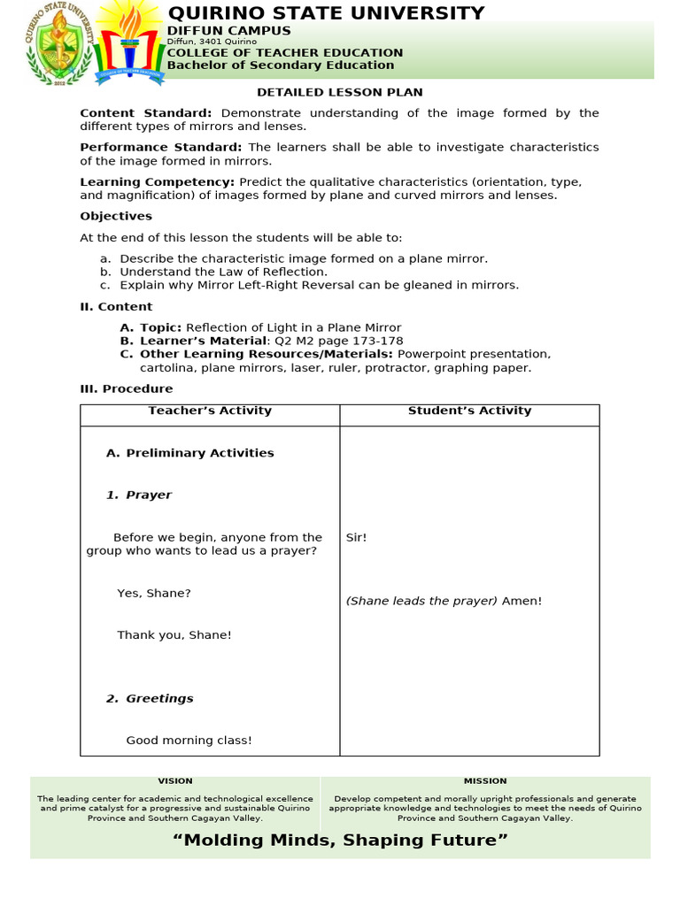 Lesson Plan - G10 - Comp of Earth's Interior | PDF | Mirror | Reflection (Physics)