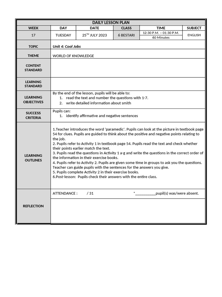 LESSON PLAN YEAR 6 - COOL JOBS | PDF