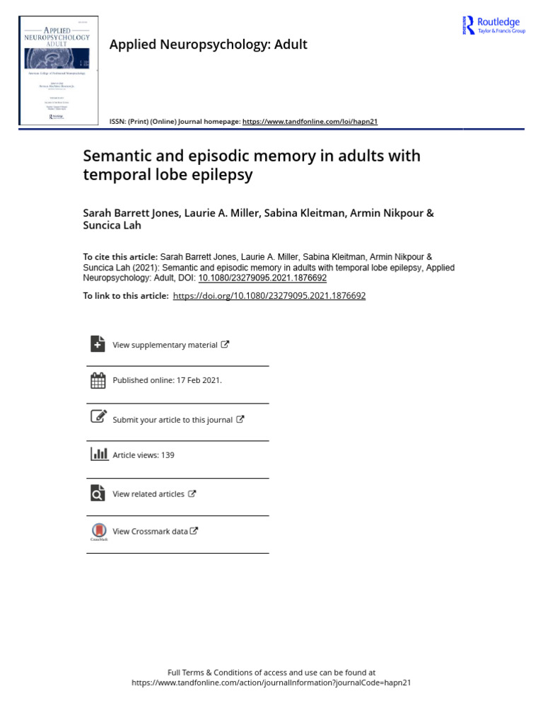Sarah Barrett Jones Semantic and Episodic Memory in | PDF | Memory ...