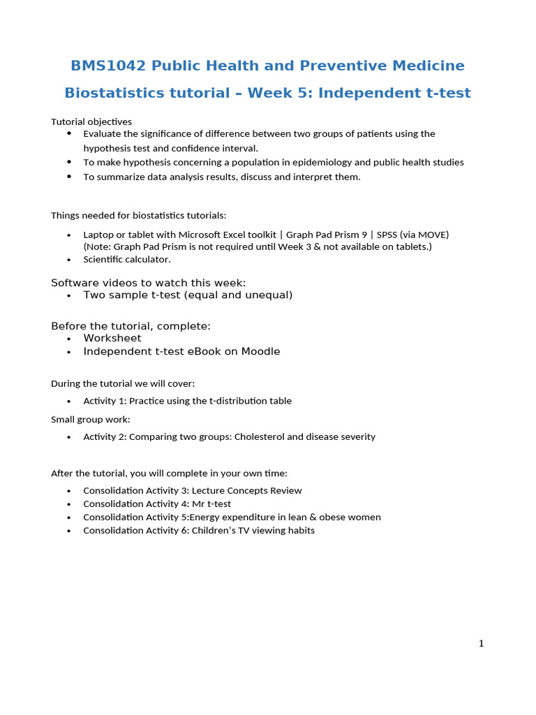 Biostats Tutorial - Week 5 - Worksheet (2024) | PDF | Student's T Test ...