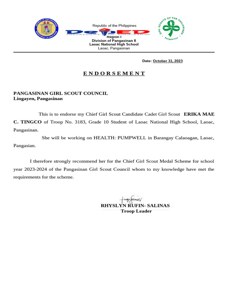 ENDORSEMENT LETTERS GIRL SCOUTS | PDF | Girl Guiding And Girl Scouting ...
