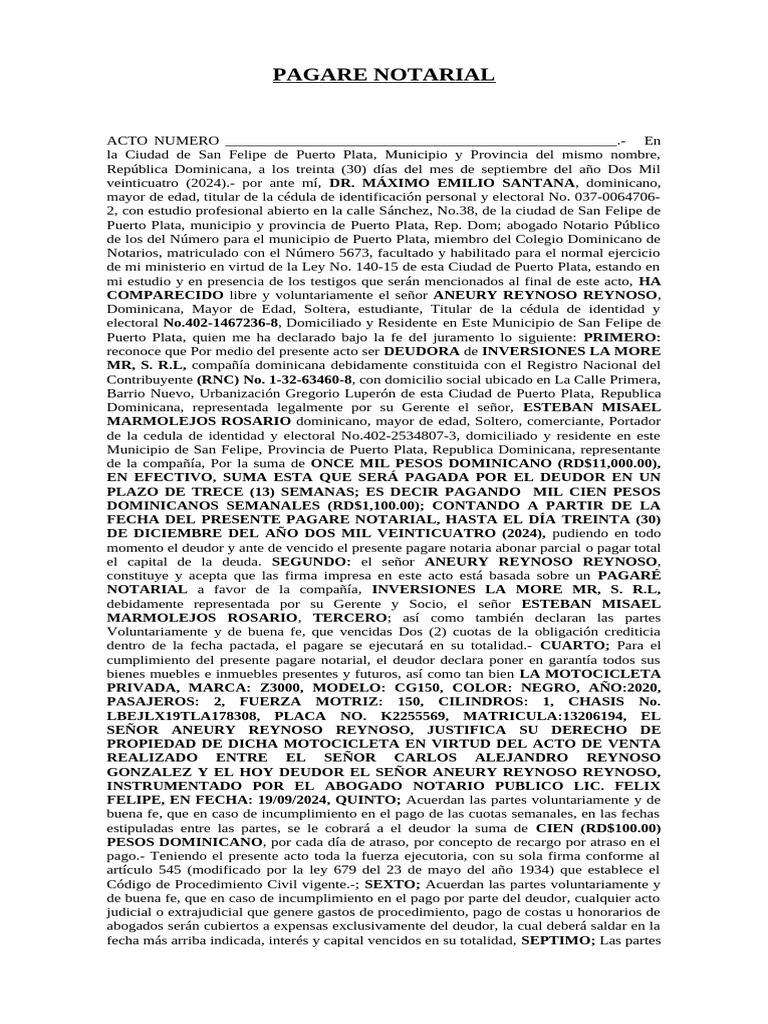 Pagaré Notarial RD$11,000 Puerto Plata | PDF | República Dominicana ...