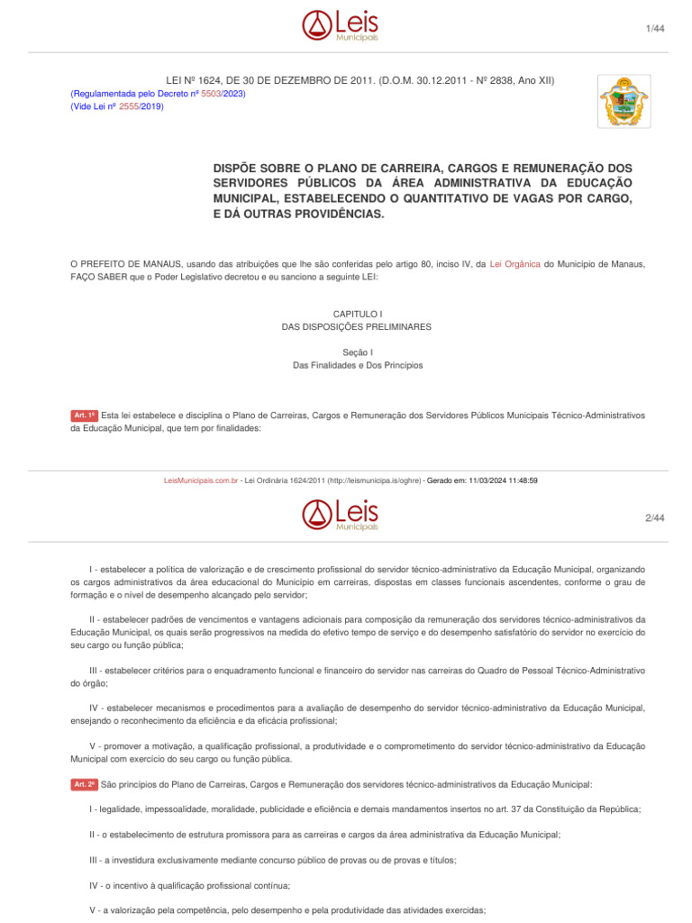 PCCR - Lei-ordinaria-1624-2011-Manaus-AM | PDF | Expediente | Desenvolvimento profissional