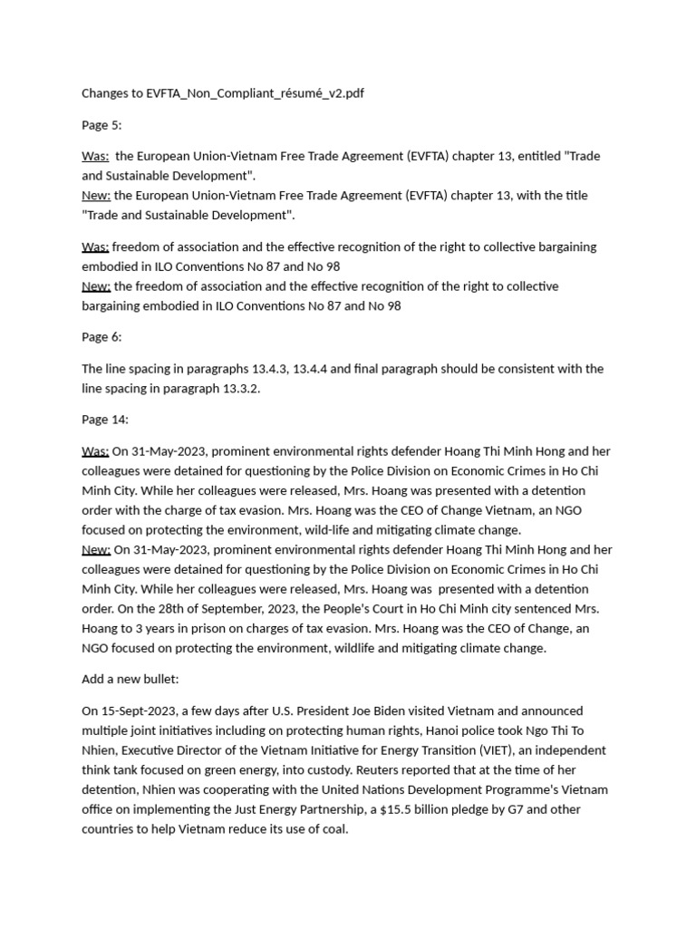 Changes To EVFTA - Non - Compliant - Résumé - v2 | PDF