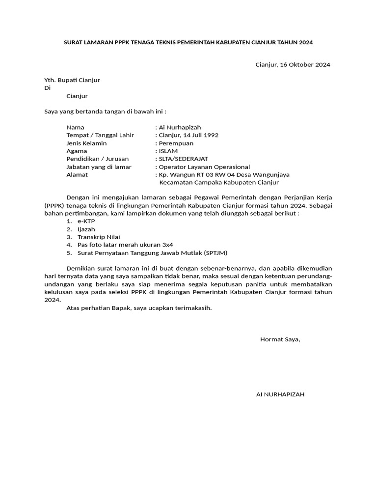 (Draft) Surat Lamaran PPPK Teknis 2024 | PDF