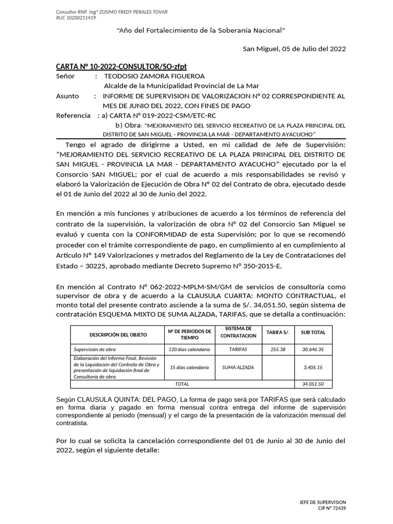 CARTA N 10-2022-JUNIO-INFORME SUPERVISION | PDF