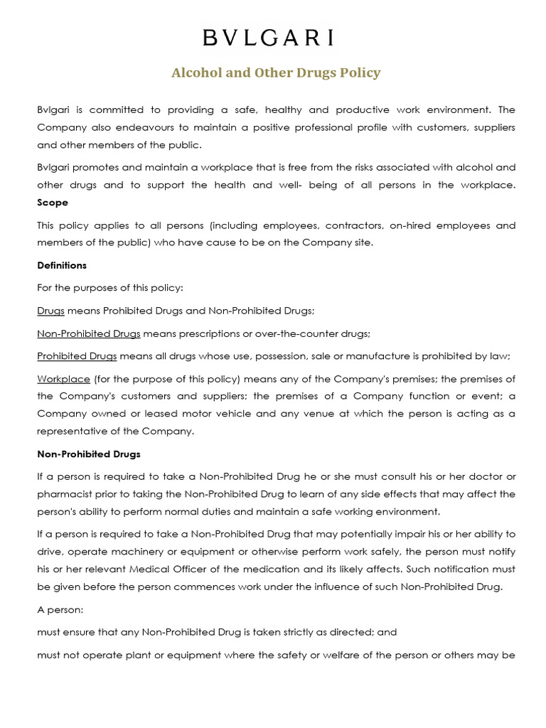 Bulgari Alcoholand Other Drugs Policy | PDF | Driving Under The Influence | Justice