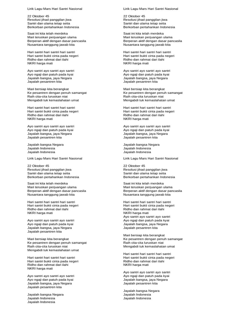 Lirik Lagu Mars Hari Santri Nasional | PDF