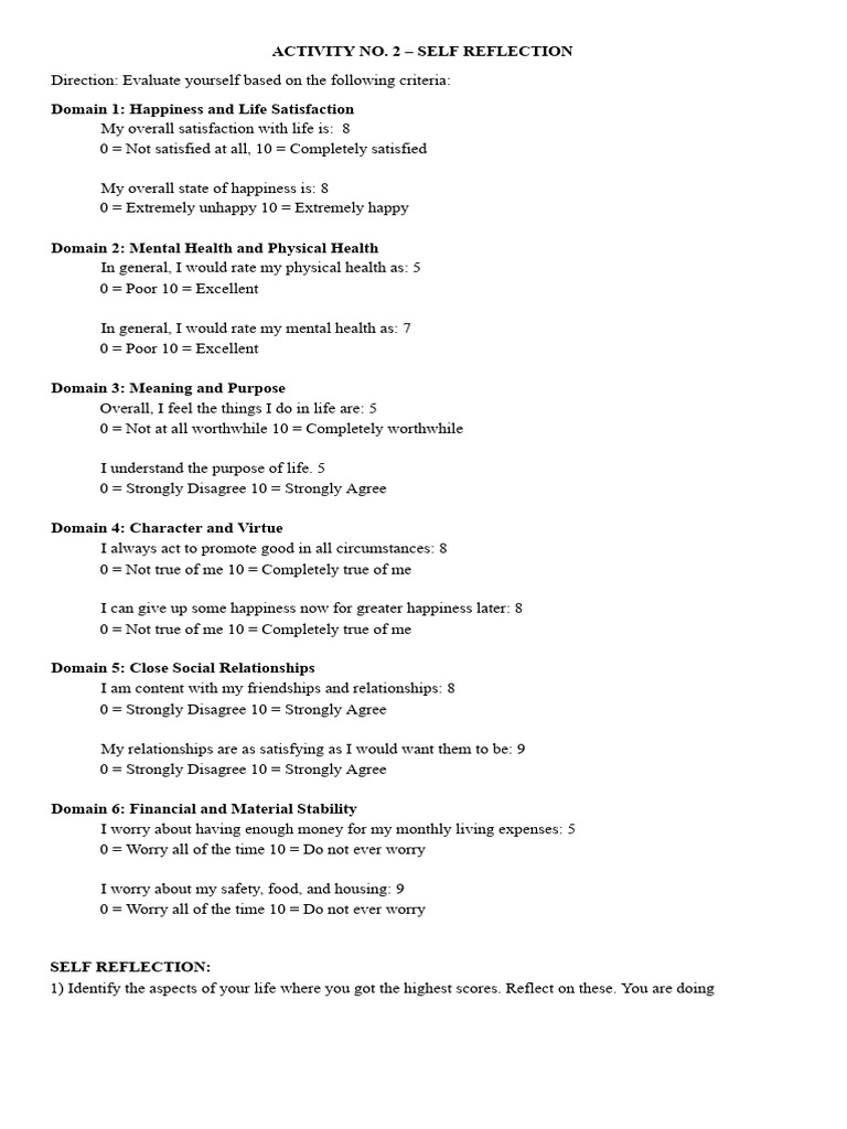 Self-Reflection on Life Satisfaction and Growth | PDF | Happiness ...