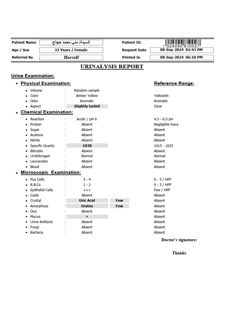 Urinalysis Report: Female, 32 Years | PDF | Medical Specialties